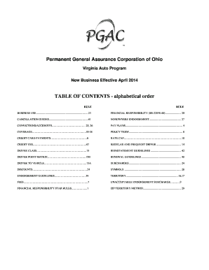 Fillable Online TABLE OF CONTENTS - alphabetical order - pgac.com Fax ...