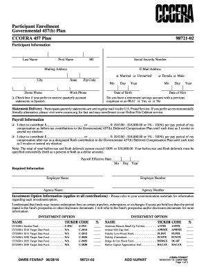 Fillable Online Governmental 457(b) Plan Participant Enrollment CCOERA 457 ... Fax Email Print ...