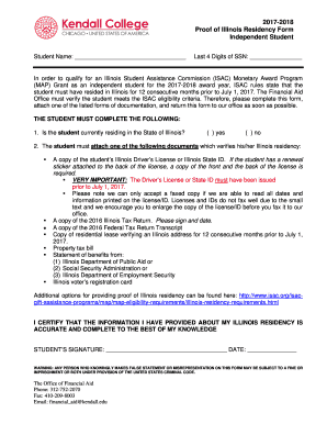 Fillable Online 2017-2018 Proof of Illinois Residency Form Independent Student Fax Email Print ...