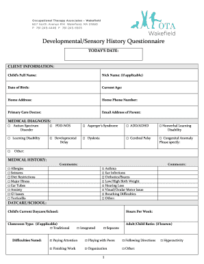 Fillable Online Developmental/Sensory History Questionnaire - OTA ...