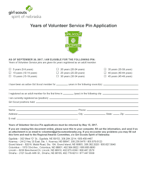 Fillable Online 2017 Years of Service Pin Application (PDF) - Girl ...