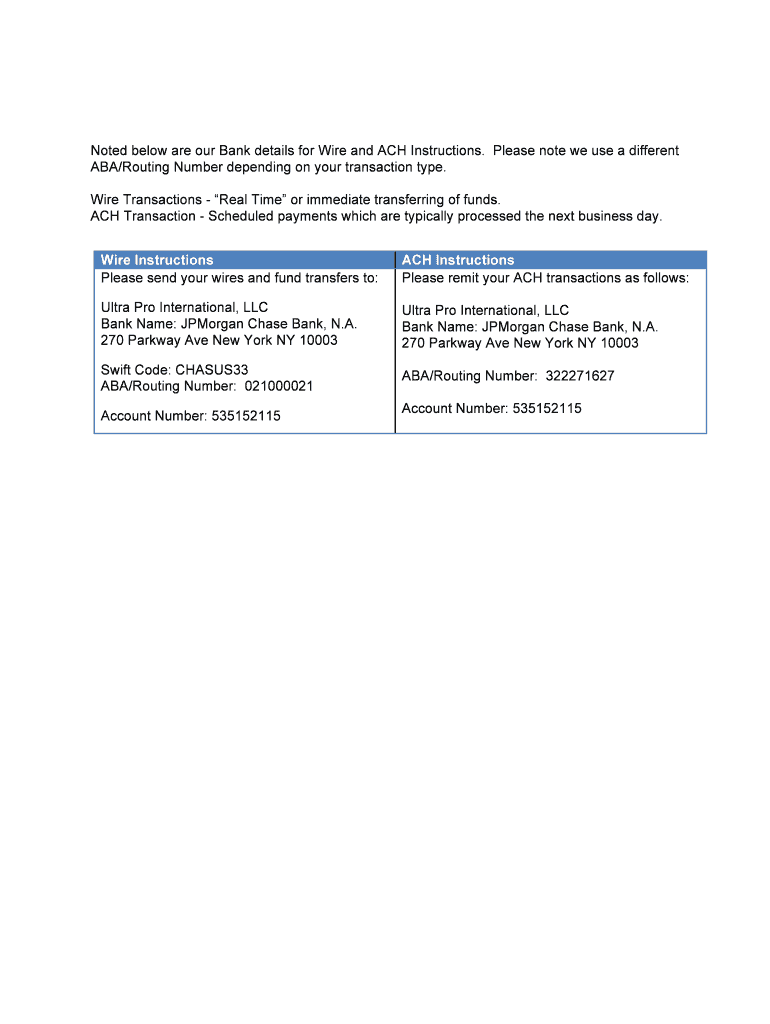 Fillable Online Noted below are our Bank details for Wire and ACH ...