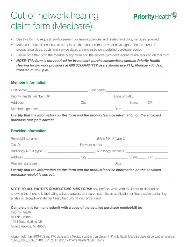 Fillable Online Priority Health Hearing Out of Network Claim Form Fax ...
