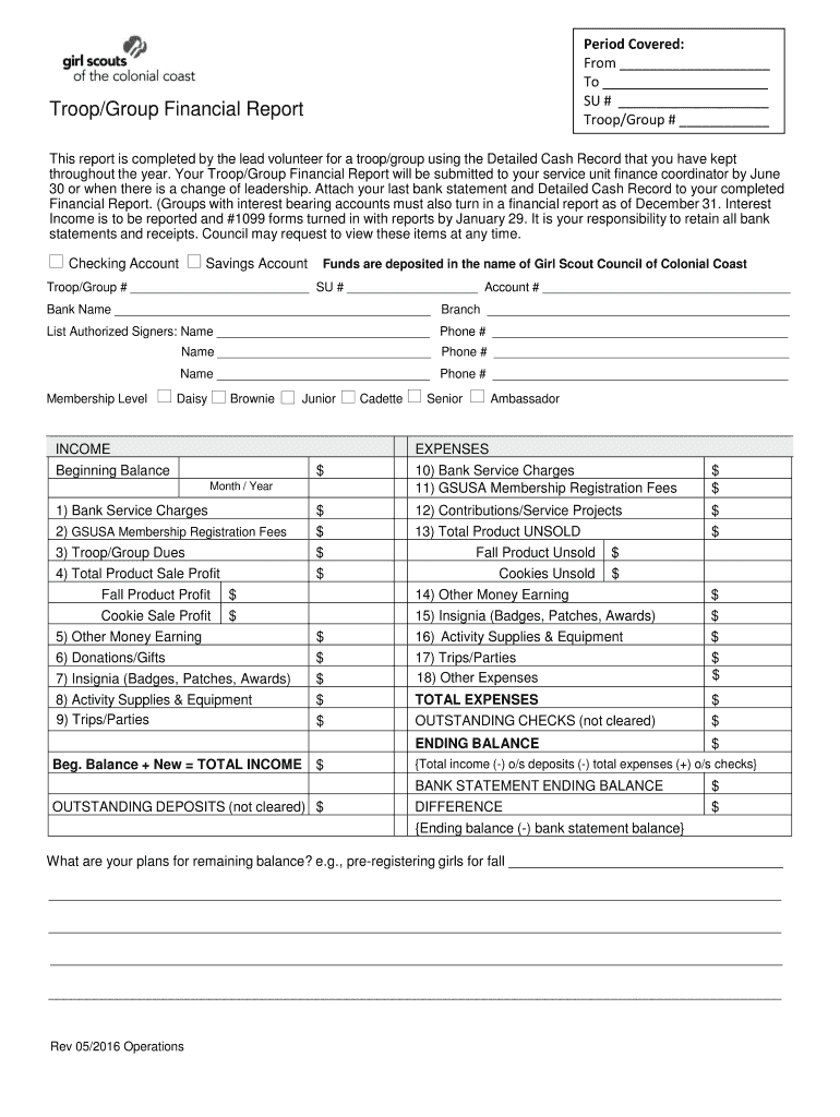 Fillable Online Financial Report - Troop/Group - Girl Scouts of Colonial Coast Fax Email Print ...