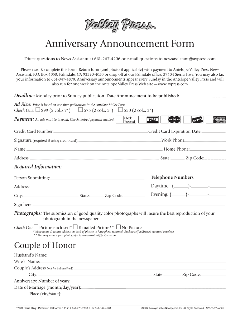 Fillable Online Anniversary Announcement Form.indd Fax Email Print ...