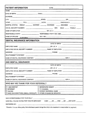 Fillable Online patient information dental insurance information ...