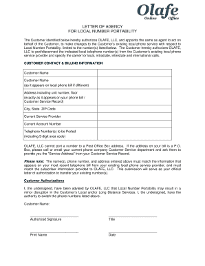 Fillable Online Letter of Agency for Local Number Portability - Olafe ...