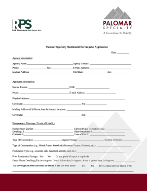 Fillable Online Palomar Specialty Residential Earthquake Application ...