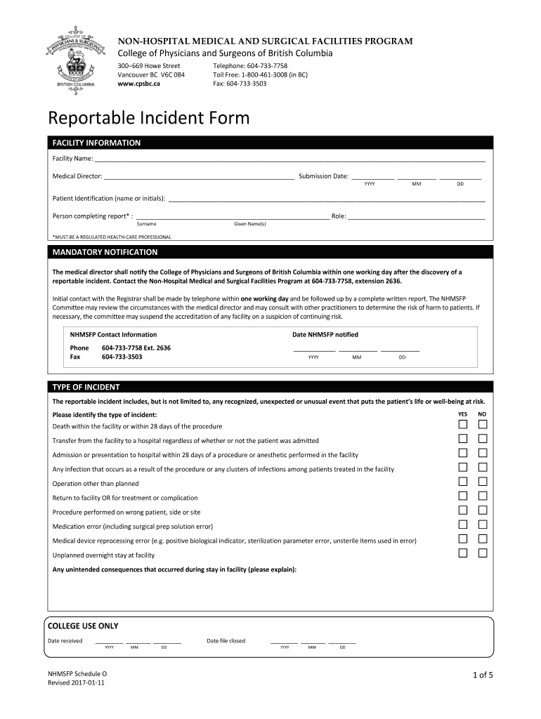 Fillable Online Reportable Incident Form - College of Physicians and ...
