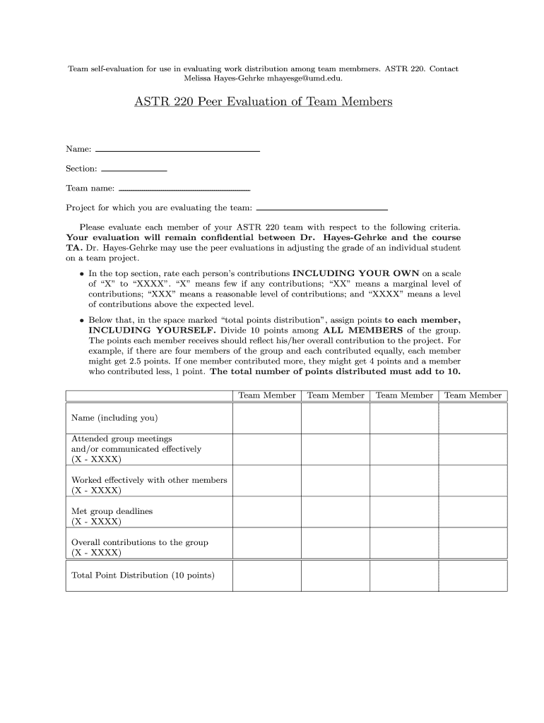 Fillable Online Team self-evaluation for use in evaluating work ...