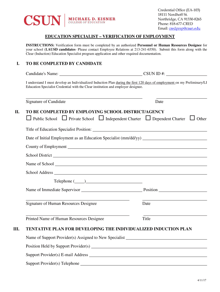 Fillable Online VERIFICATION OF EMPLOYMENT MULTIPLE ... - CSUN.edu Fax Email Print - pdfFiller