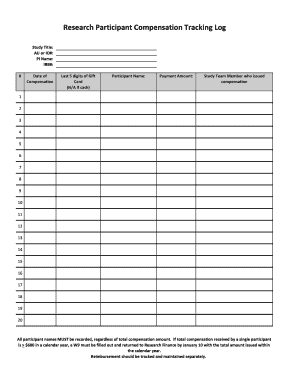 Fillable Online Research Participant Payment Tracking Log.xls Fax Email ...