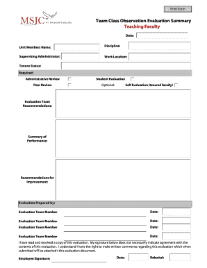 Fillable Online Team Class Observation Evaluation Summary Teaching ...
