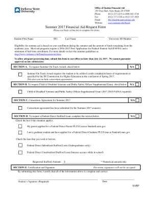 Fillable Online Summer 2017 Financial Aid Request Form - Indiana State ...