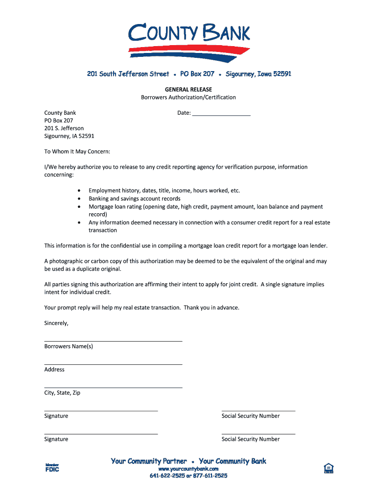 Fillable Online General Release-Borrowers Authorization ... - Your County Bank Fax Email Print ...