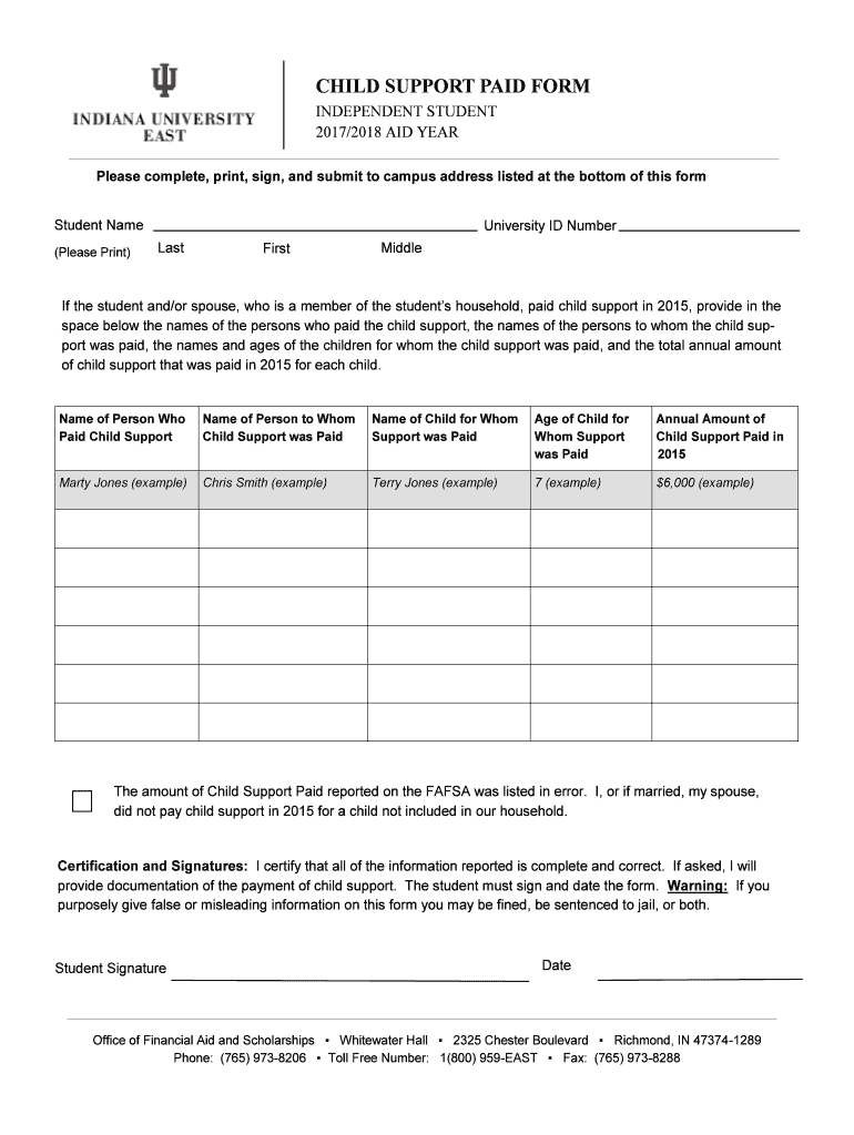 Fillable Online CHILD SUPPORT PAID FORM - Indiana University East Fax ...