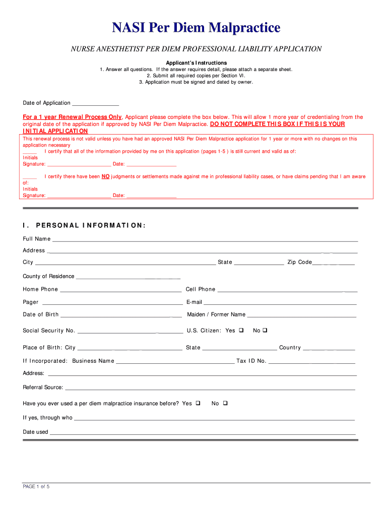 Fillable Online (CRNA) Per Diem Malpractice Application Packet ...