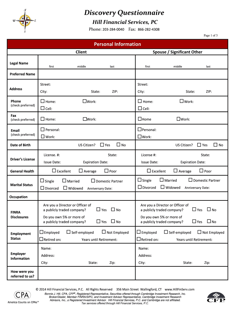 Fillable Online Client Discovery Questionnaire - Hill Financial ...