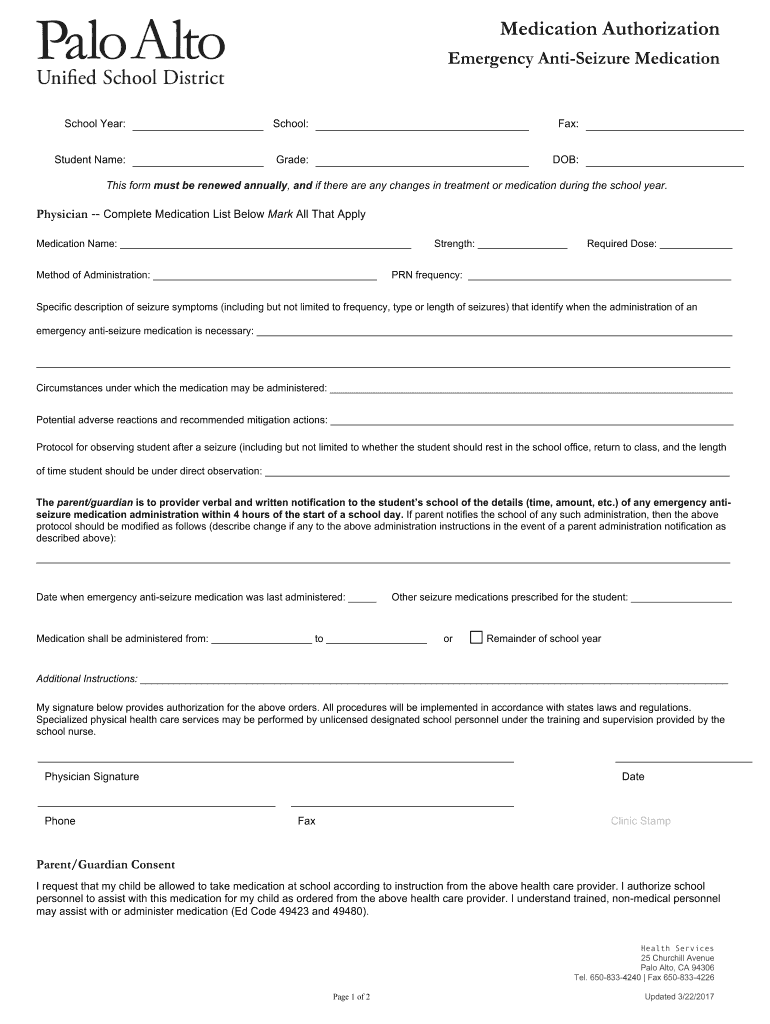 Fillable Online Medication Authorization - Emergency Anti-Seizure Fax Email Print - pdfFiller