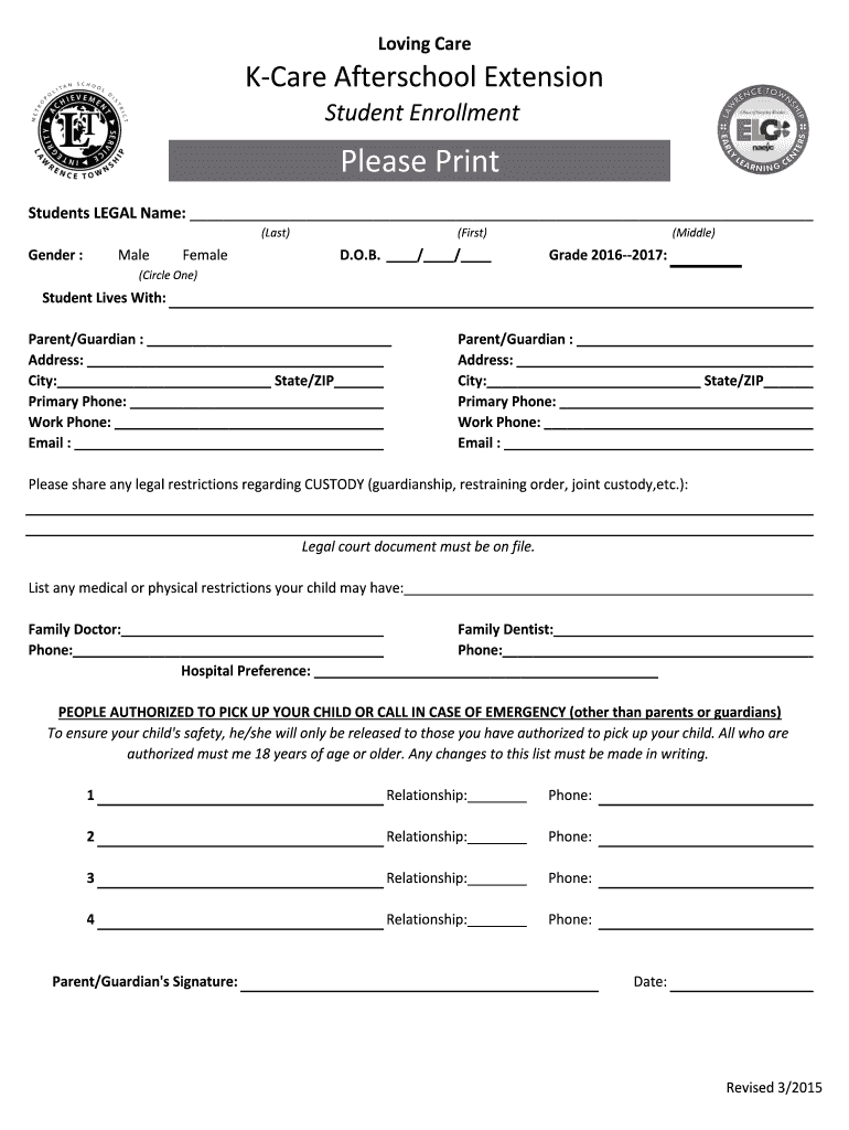 Fillable Online information and registration documents for Kindergarten ...