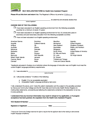 Fillable Online VCC Health Care Assistant Program's Self-Declaration ...