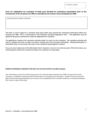 Fillable Online nafd org Form A7: Application for cremation of body ...