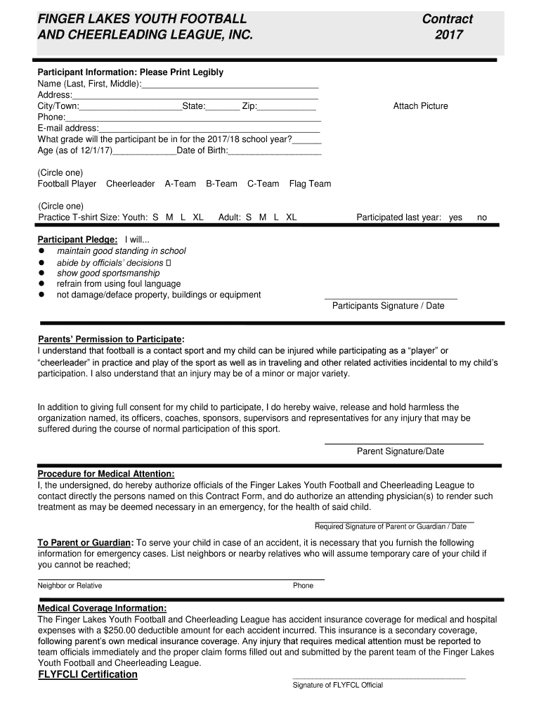 Fillable Online FINGER LAKES YOUTH FOOTBALL Contract AND CHEERLEADING ...