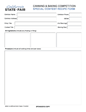 Fillable Online Special Contest Recipe Form - California State Fair Fax ...