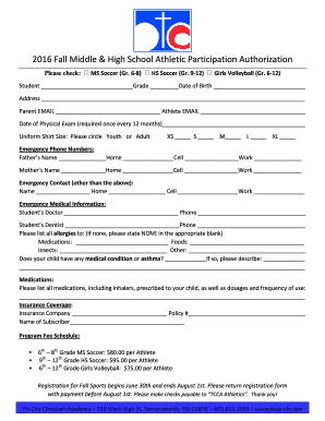 Fillable Online 2016 Fall Middle & High School Athletic Participation Authorization Fax Email ...