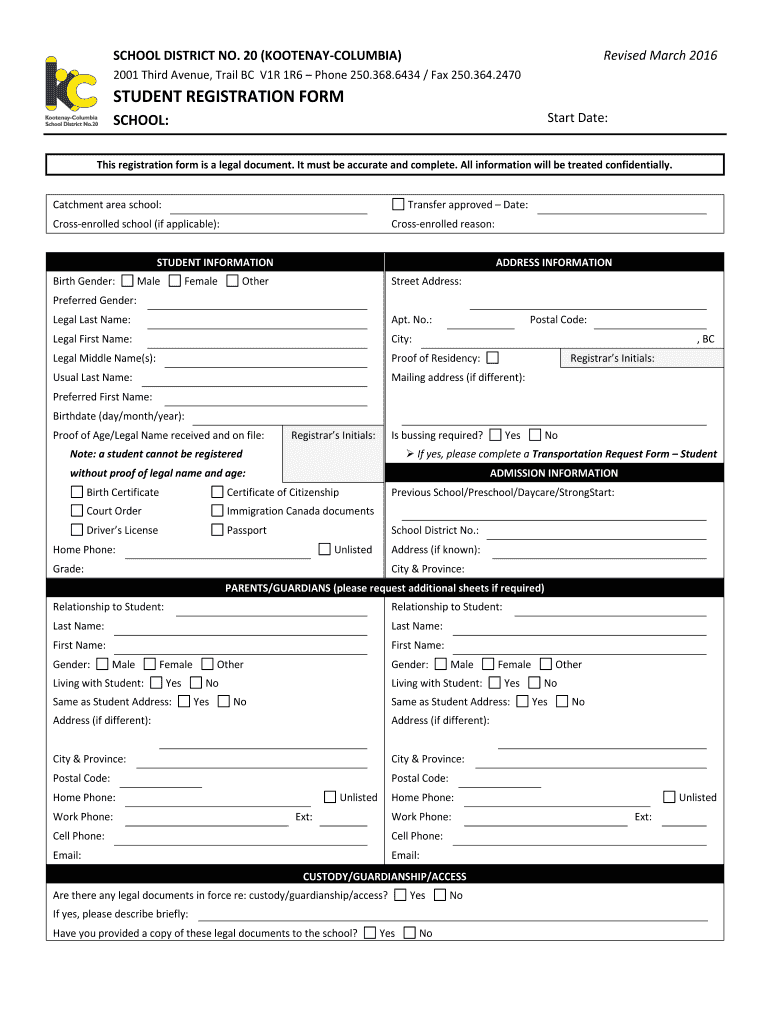 Fillable Online Student Registration Form.pdf - SD20 Fax Email Print ...