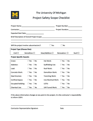 Fillable Online ehs umich Project Safety Scope Checklist - University ...