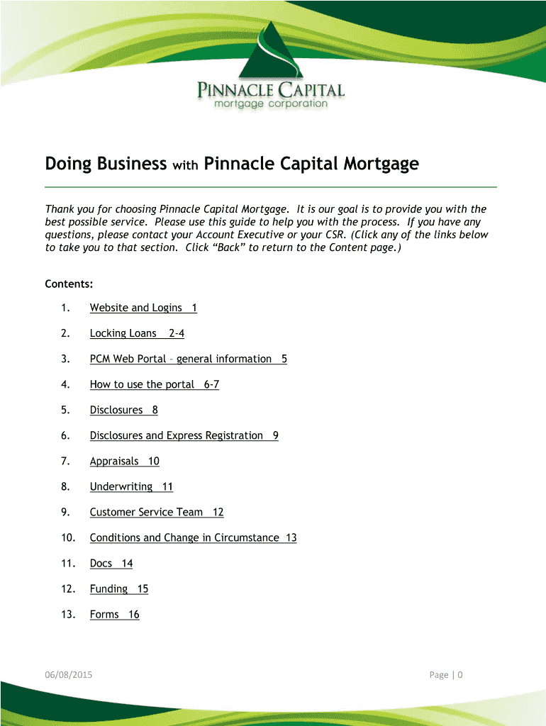 Fillable Online pinnacle capital mortgage customer service pdf Fax ...