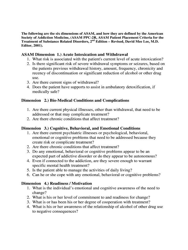 Fillable Online The following are the six dimensions of ASAM, and how ...