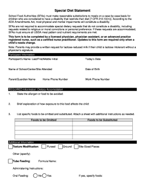 Fillable Online Special Diet Statement. Nutrition, Health, and Youth Development Division Fax ...