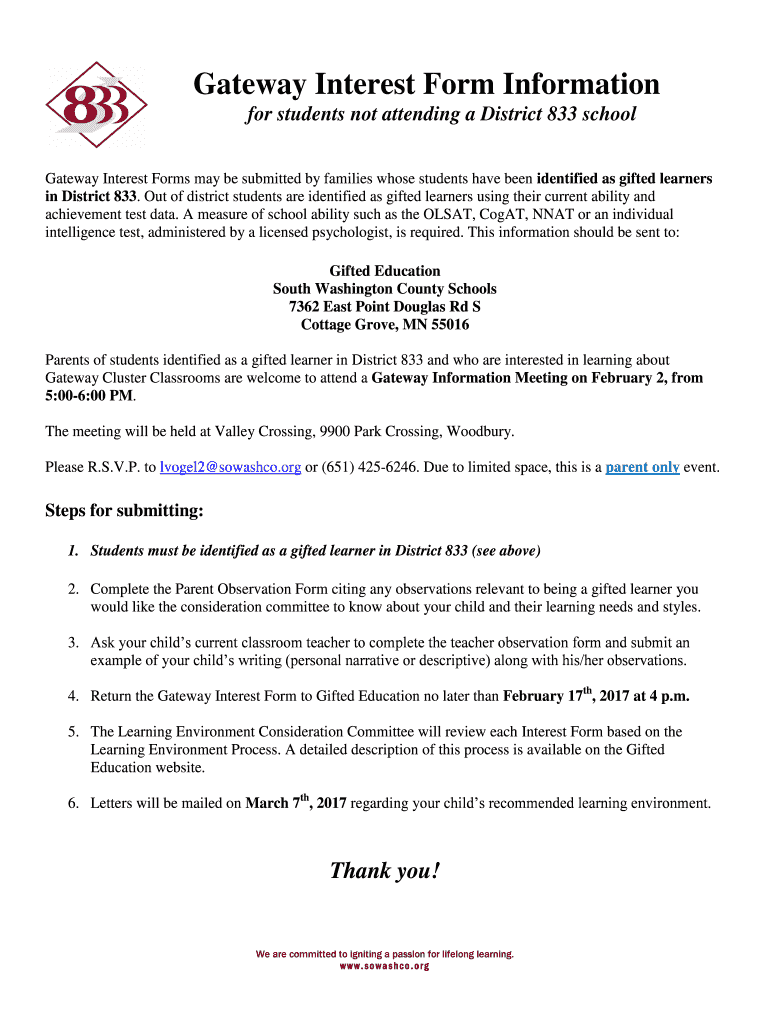 Fillable Online Gateway Interest Form Information - sowashco.org Fax ...