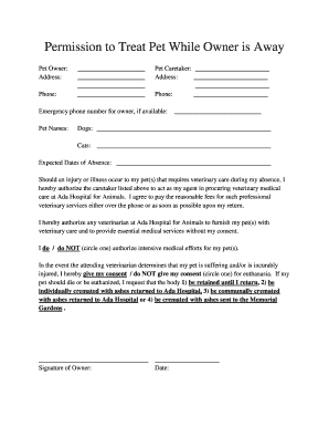 Fillable Online Permission to Treat Pet While Owner is Away - Ada ...