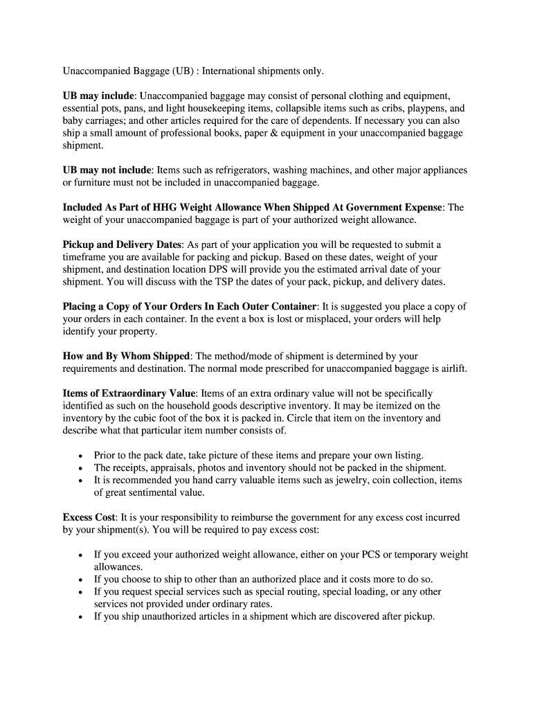 Fillable Online Unaccompanied Baggage (UB) : International shipments ...