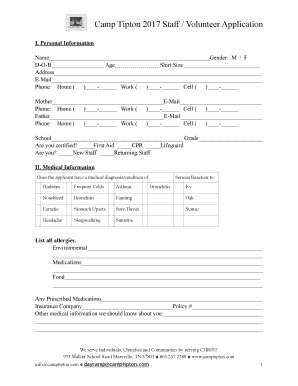 Fillable Online 2017 camp staff application - Camp Tipton Fax Email ...