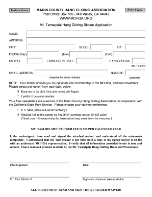 Fillable Online Hang Gliding Sticker application - Marin County Hang ...