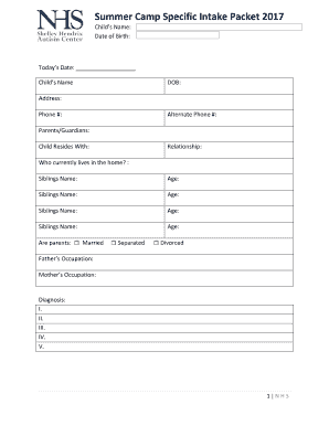 Fillable Online Summer Camp Specific Intake Packet 2017 - NHS Human ...