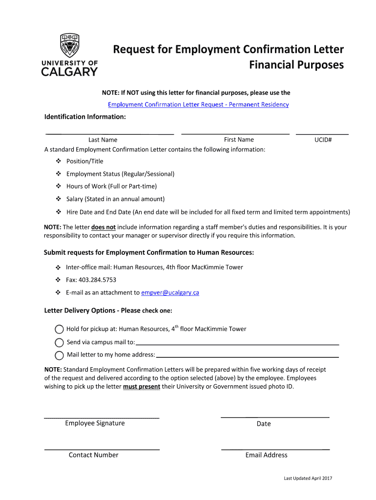 Fillable Online EMPLOYMENT VERIFICATION LETTERS - University of Calgary ...