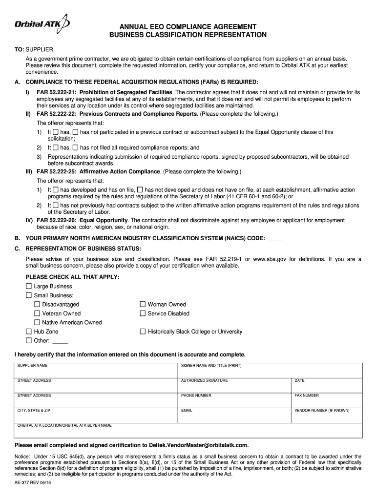 Fillable Online Annual EEO Compliance Agreement Business Classification ...