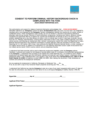 Fillable Online CONSENT TO PERFORM CRIMINAL HISTORY BACKGROUND ... Fax ...