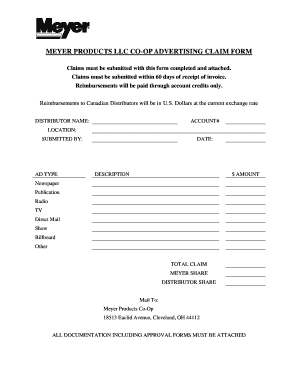 Fillable Online MEYER PRODUCTS LLC CO-OP ADVERTISING CLAIM FORM Fax ...