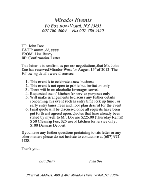 Fillable Online Confirmation Letter Sample - Mirador Event Fax Email ...