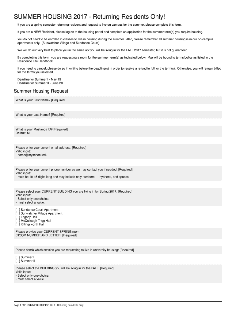 Fillable Online SUMMER HOUSING 2017 - Returning Residents Only ...