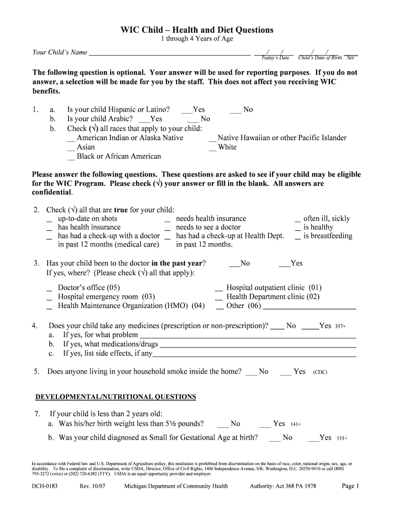 Fillable Online WIC Child Health and Diet Questions Fax Email Print ...