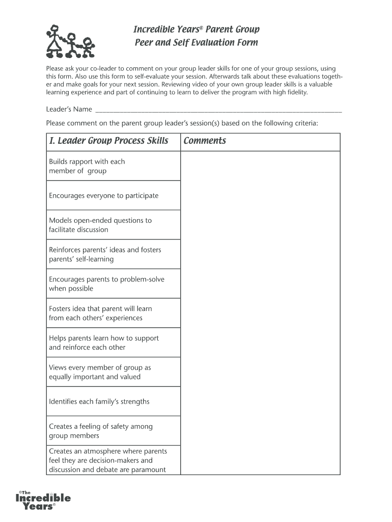 Fillable Online Parent Peer and Self Evaluation Form - The Incredible ...