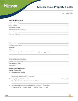 Fillable Online Miscellaneous Property Floater - Hanover Insurance Fax ...