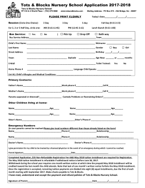 Fillable Online Tots & Blocks Nursery School Application 2017-2018 Fax ...
